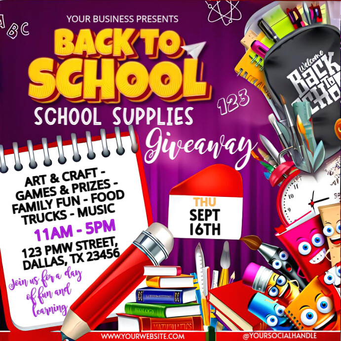 Copy of Back to School Supplies Giveaway Flyer | Family Fun, Crafts, Games & Prizes | PosterMyWall